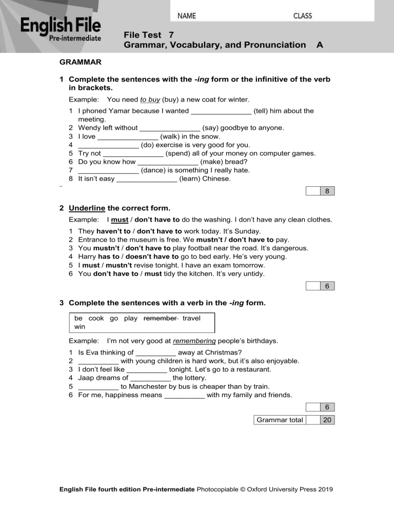 English File Pre-Intermediate Test: Grammar, Vocab, Pronunciation