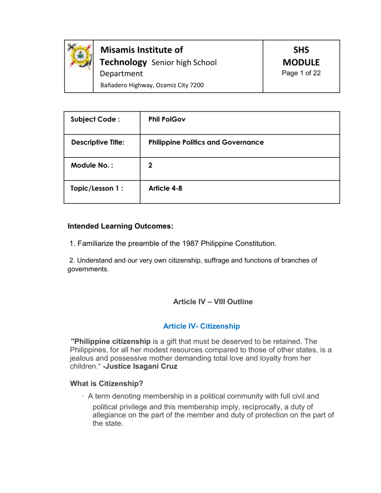 Philippine Politics & Governance: Articles IV-VIII Module