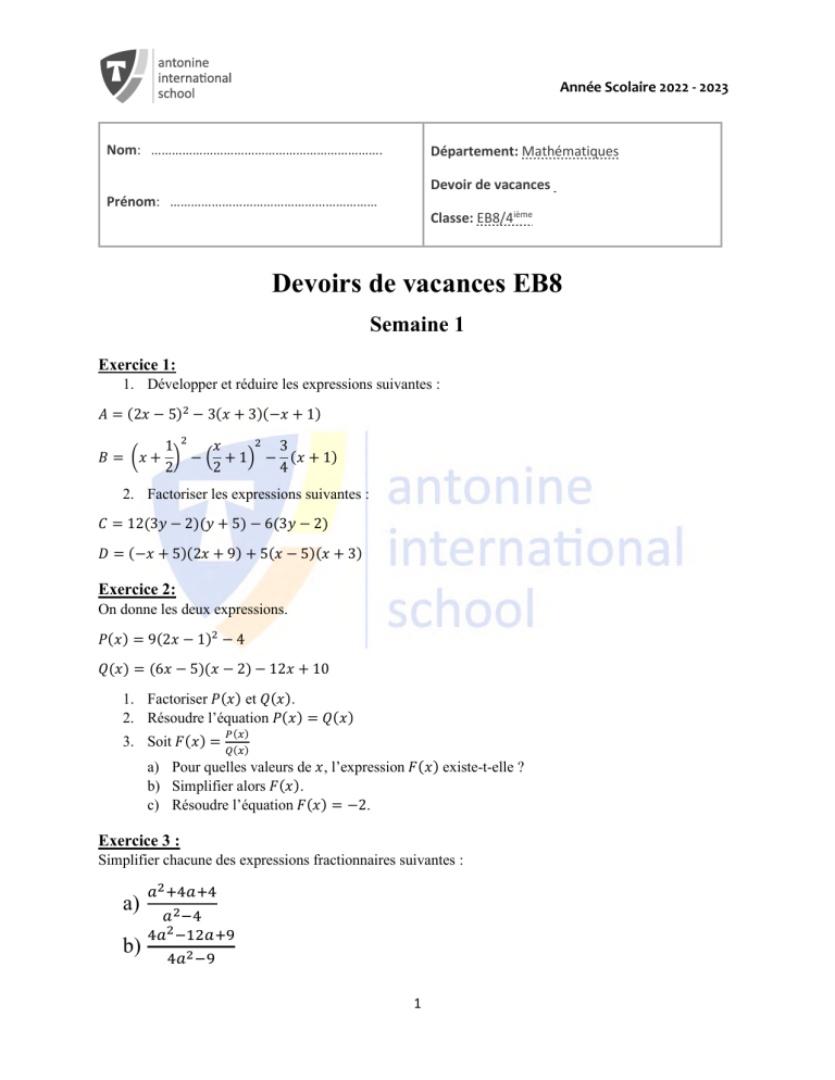 Devoir de maths EB8 : Expressions, Équations, Géométrie