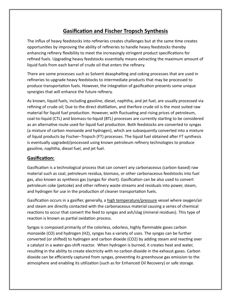 Gasification & Fischer-Tropsch Synthesis in Refineries