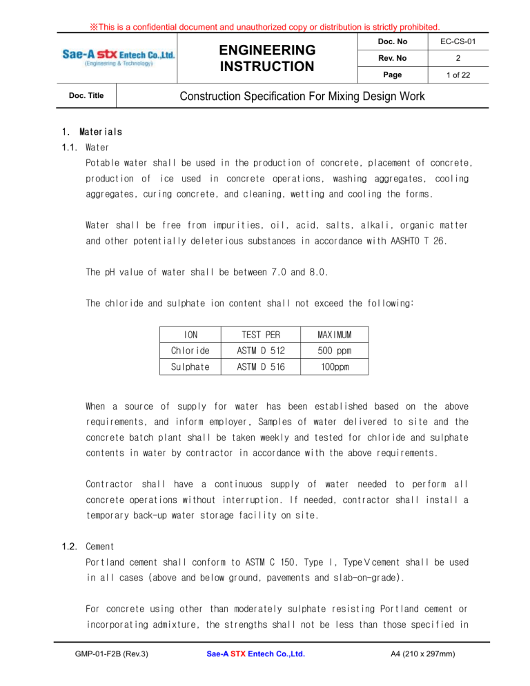 Engineering Instruction: Concrete Mixing Design & Material Specs