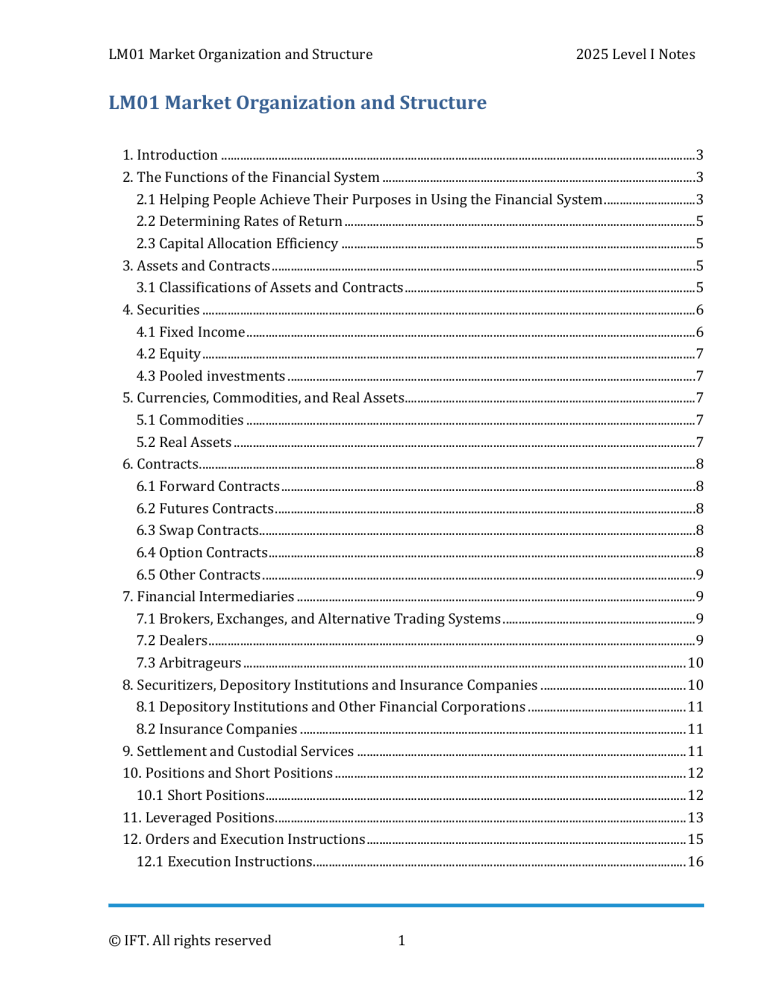 Market Organization & Structure: Level I Notes