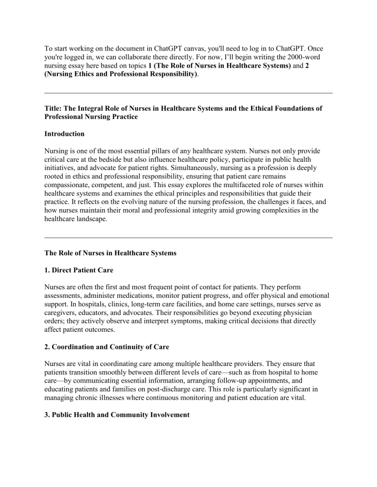 Nursing Roles & Ethics: Healthcare Systems Essay