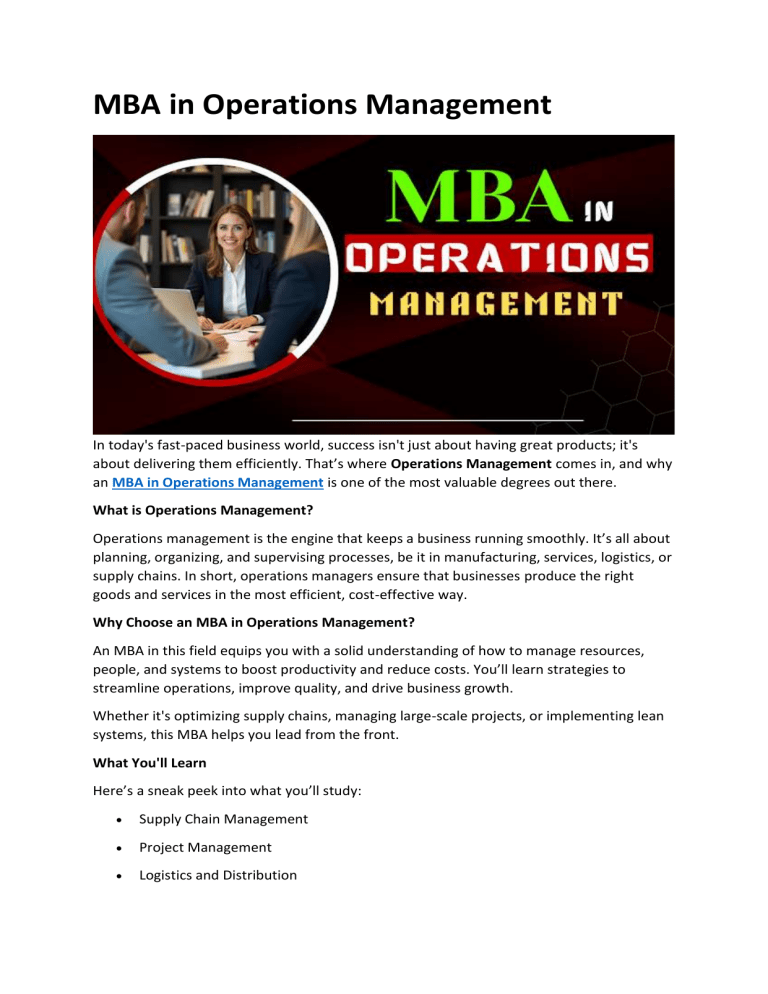 MBA in Operations Management: Career & Curriculum Overview