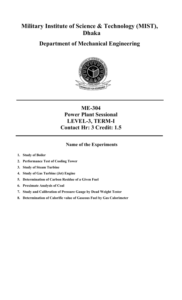 Power Plant Sessional Lab Manual - MIST Mechanical Engineering
