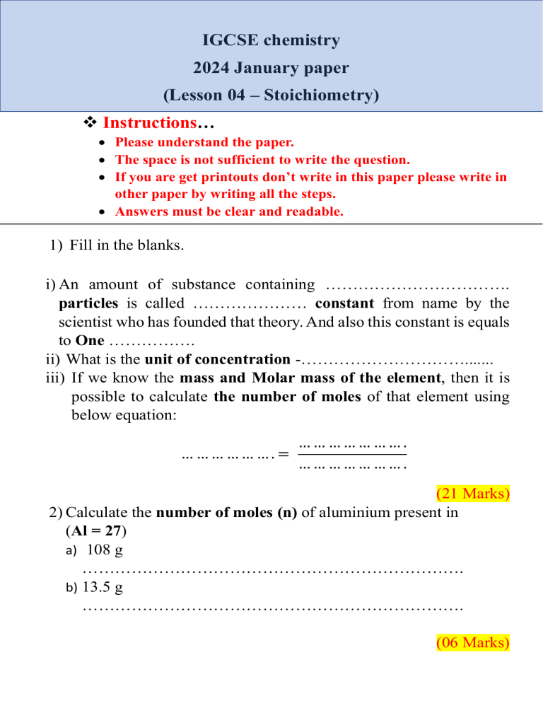IGCSE Chemistry: Stoichiometry Exam Paper (2024)