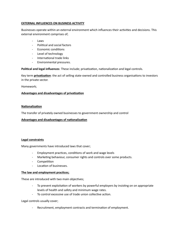 External Influences on Business Activity: Study Guide