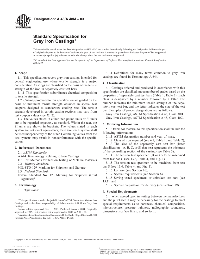 Gray Iron Castings Specification: ASTM A48/A48M-03