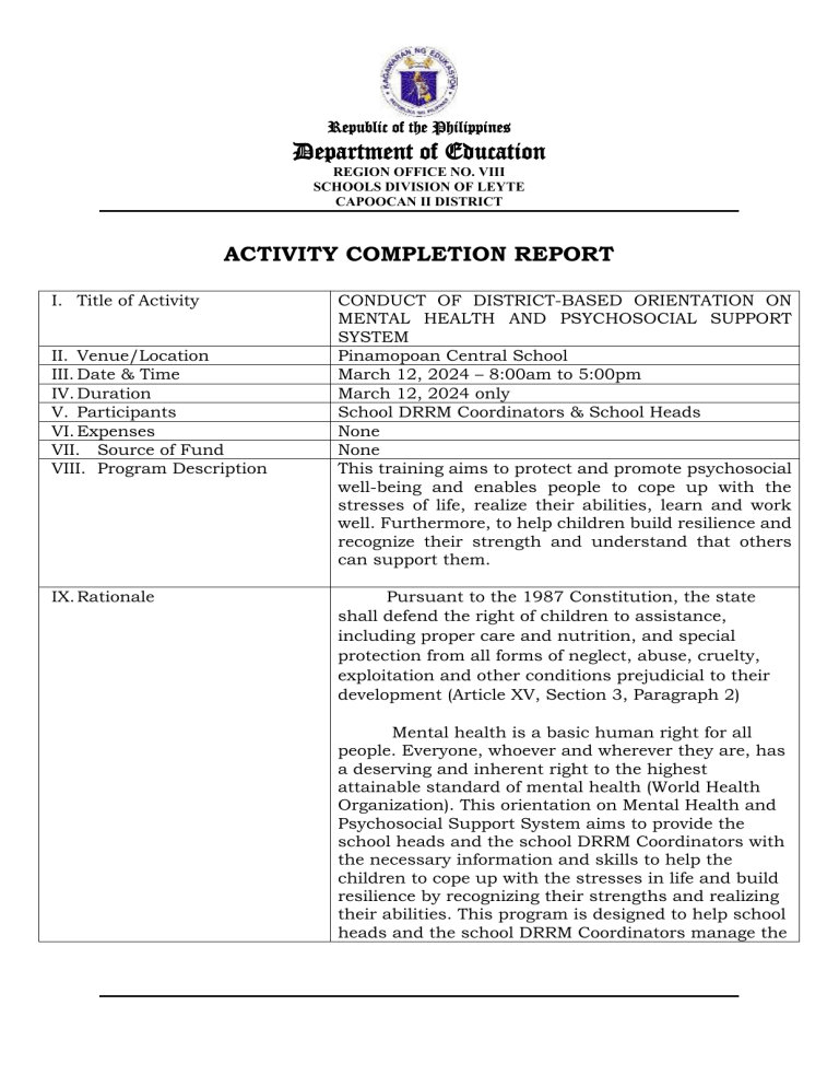 Mental Health Orientation Activity Completion Report