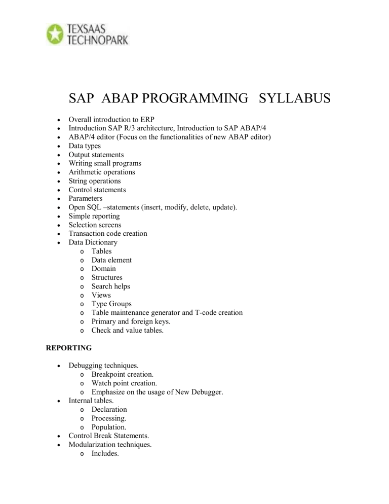 SAP ABAP Programming Syllabus