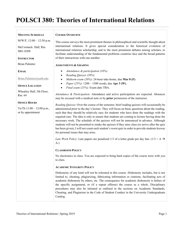 POLSCI 380: International Relations Theories Course Syllabus