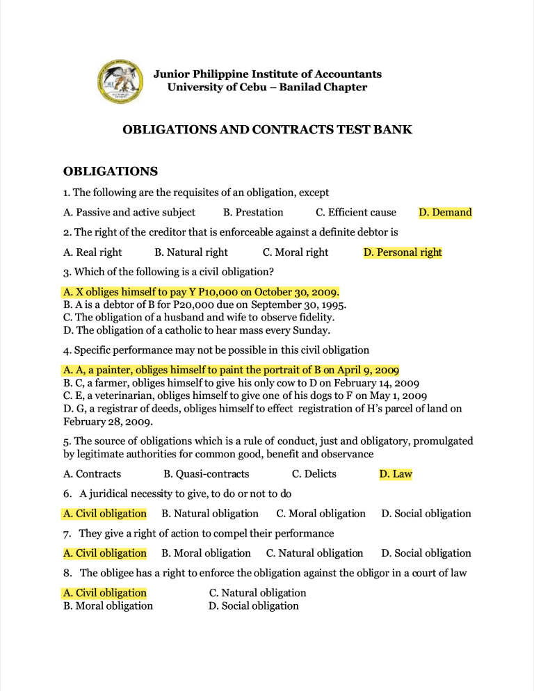 Obligations and Contracts Test Bank - Law Exam Questions