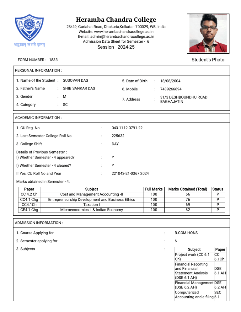 Admission Data Sheet - B.Com Hons Semester 6