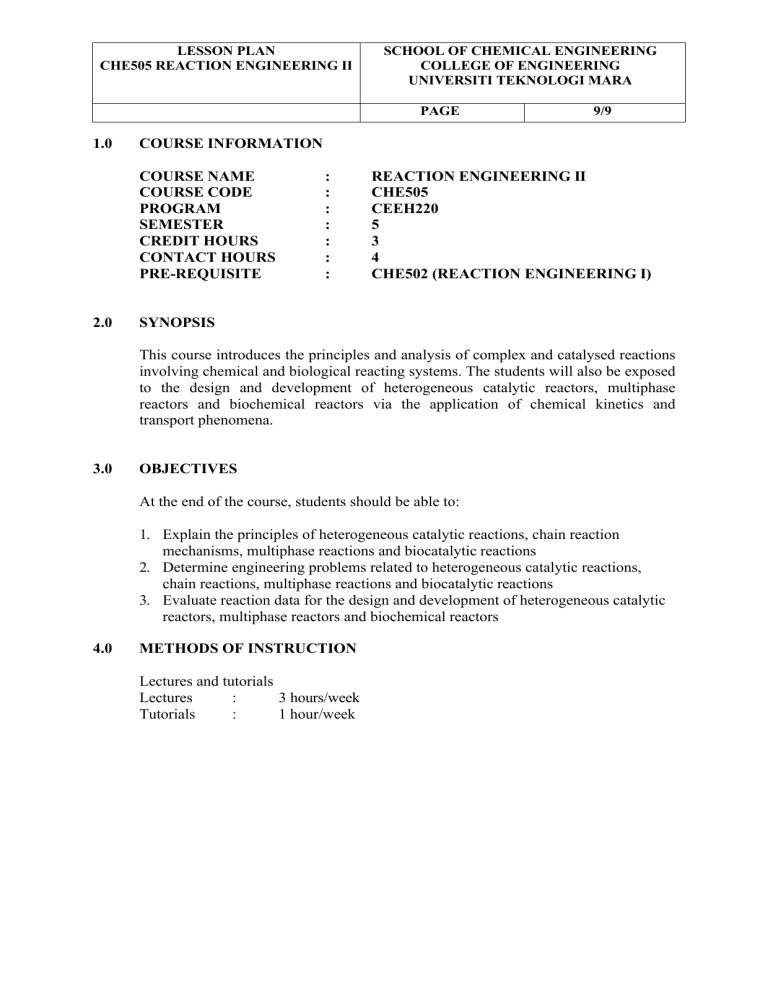 CHE505 Reaction Engineering II Lesson Plan