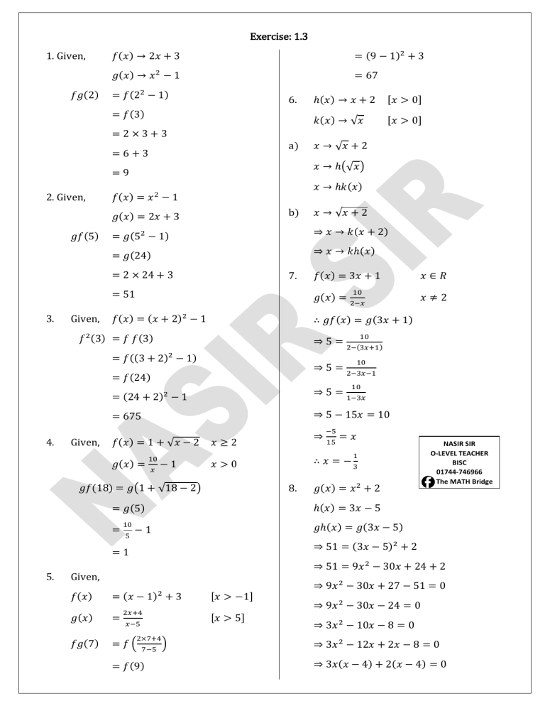 Composite Functions Exercise Sheet