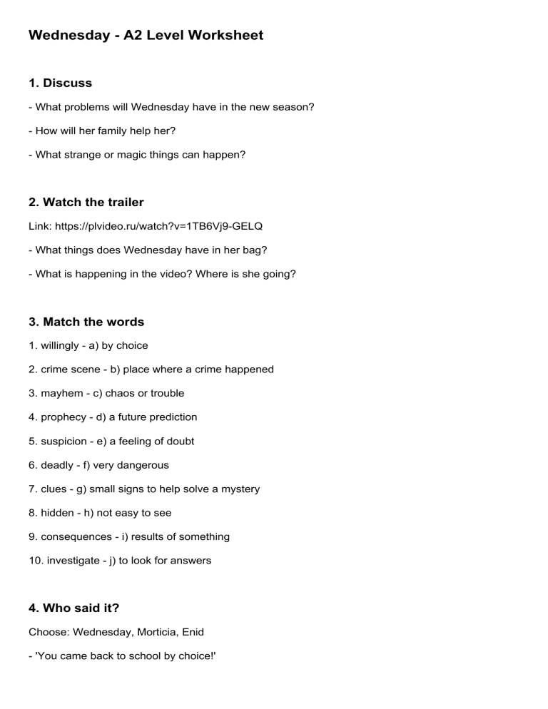 Wednesday A2 Worksheet: Trailer Analysis & Discussion