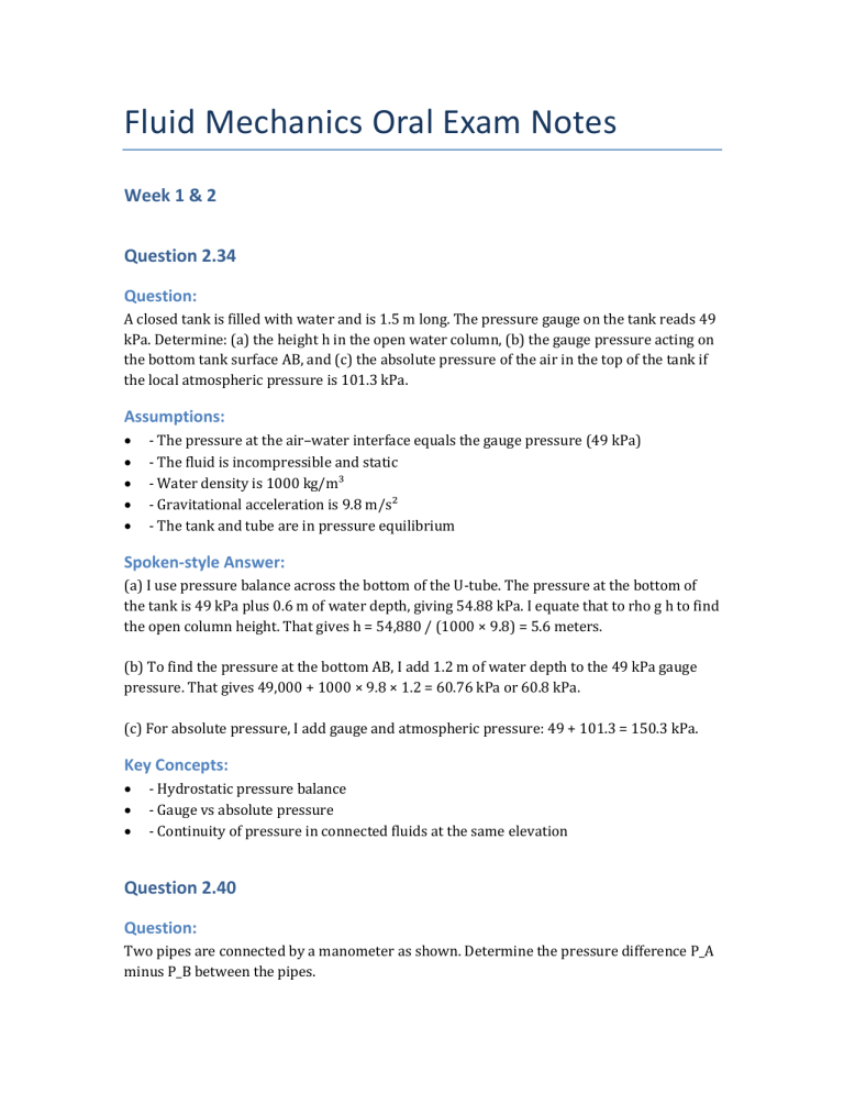 Fluid Mechanics Exam Notes: Hydrostatics & Velocity Fields