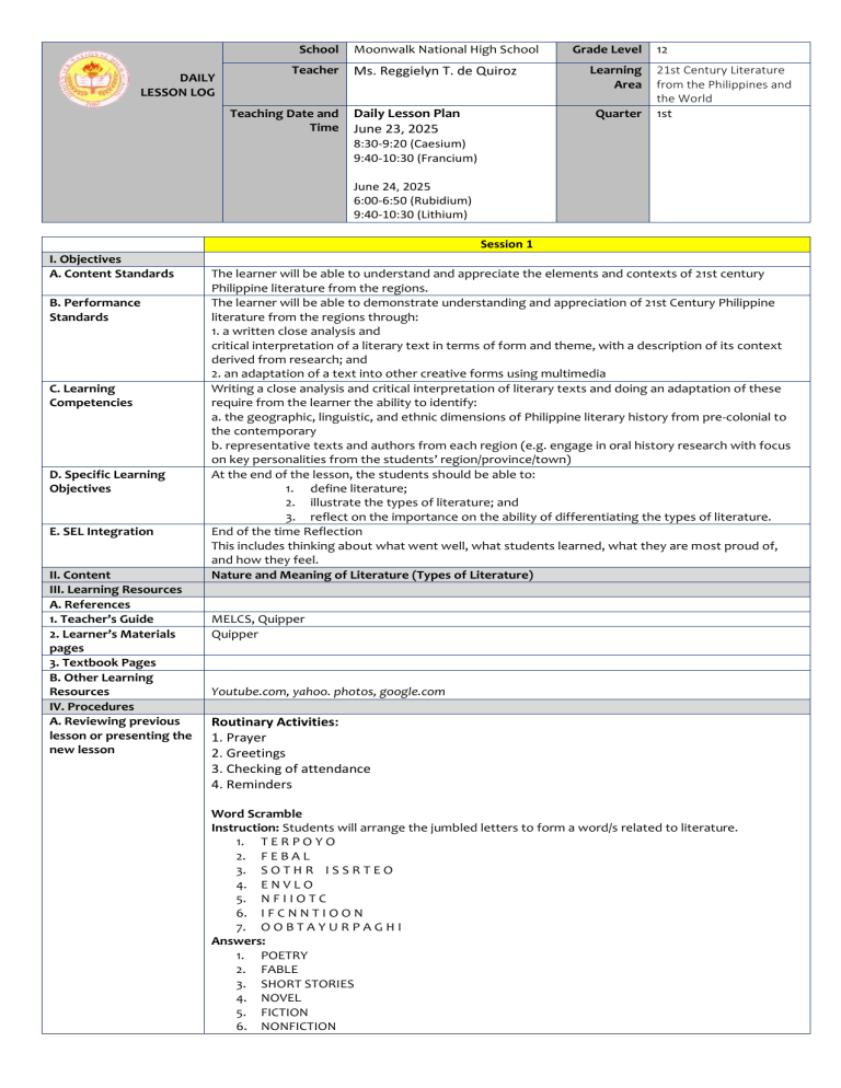 21st Century Literature Lesson Plan: Types of Literature