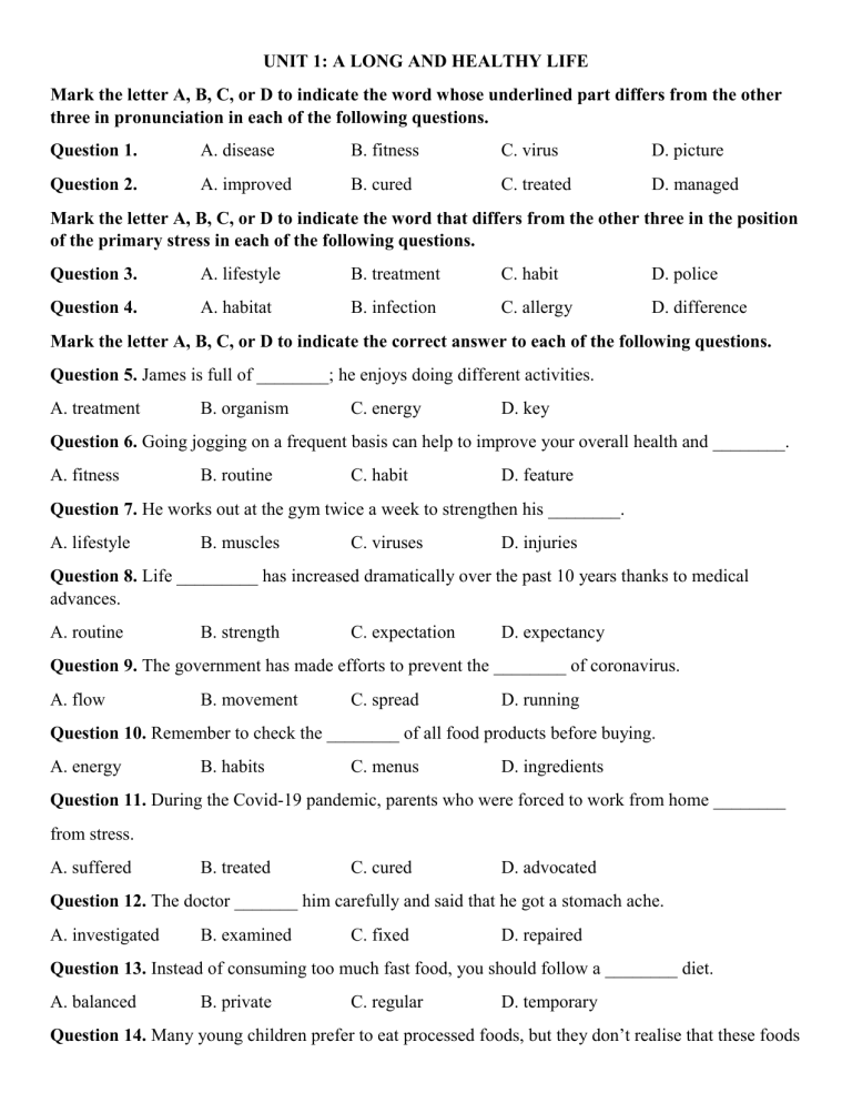 Health & Lifestyle Vocabulary & Grammar Worksheet