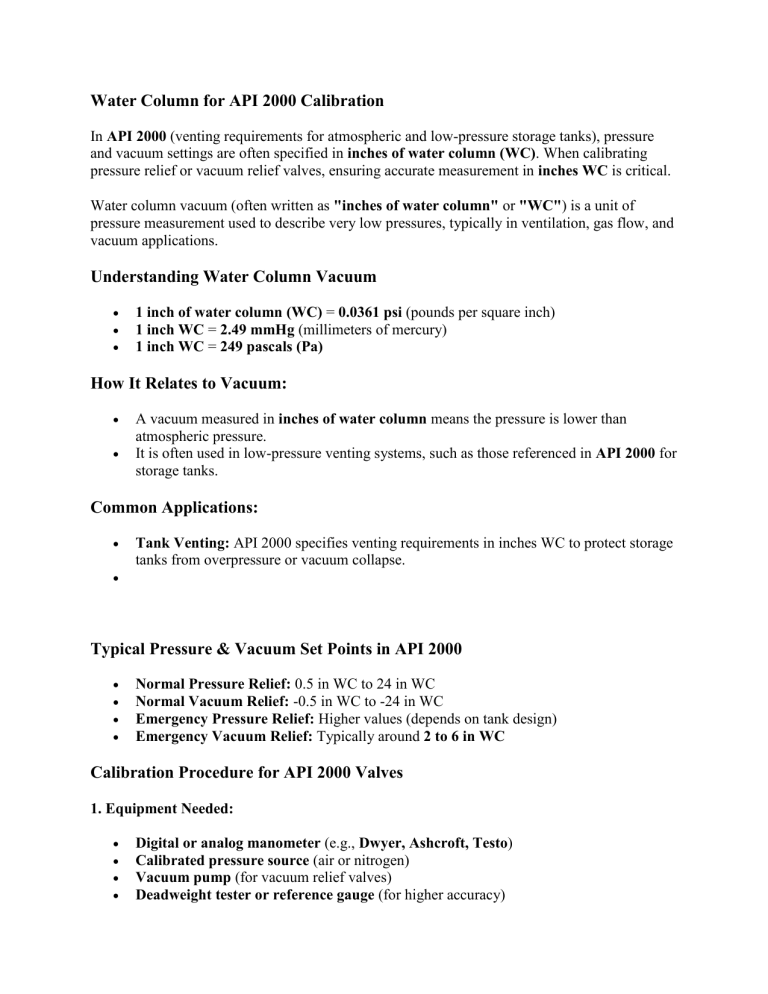 API 2000 Valve Calibration: Water Column Guide