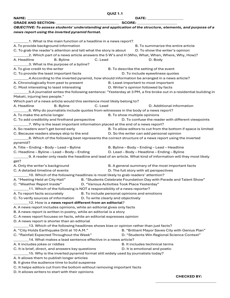 News Report Structure Quiz: Inverted Pyramid Format