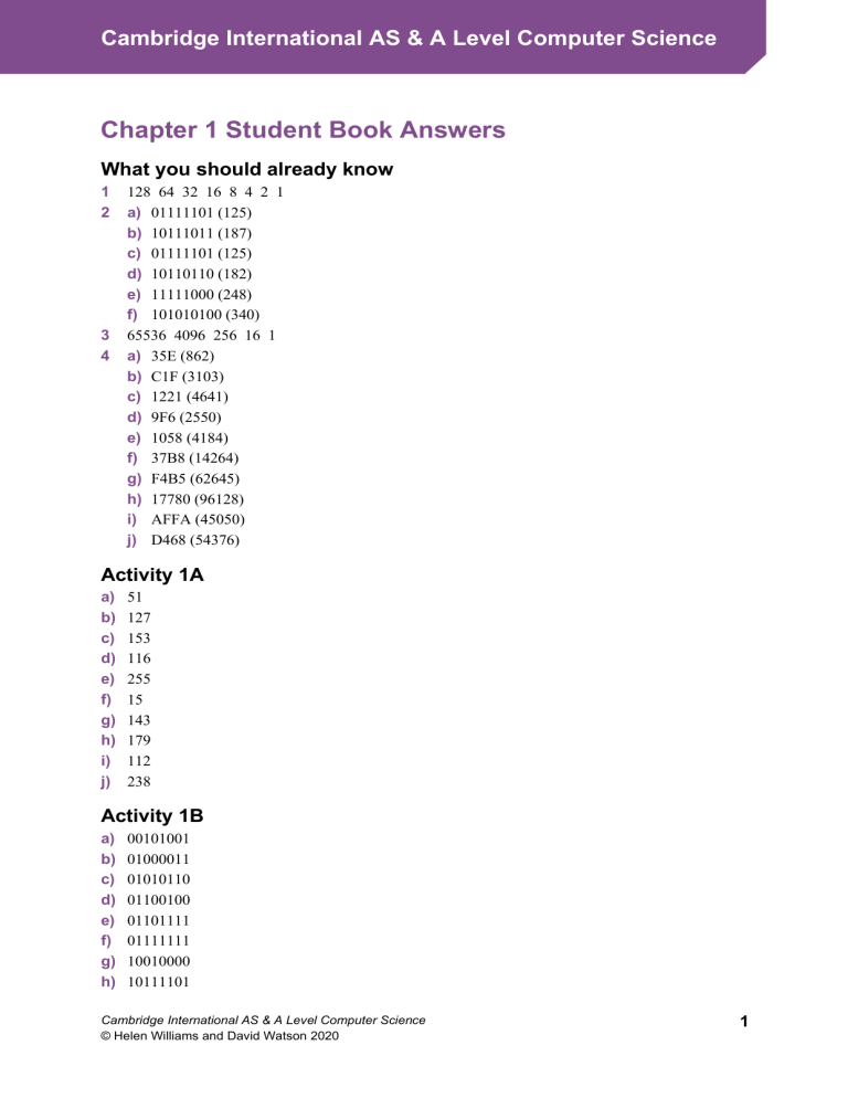 Cambridge AS & A Level Computer Science: Chapter 1 Student Book Answers