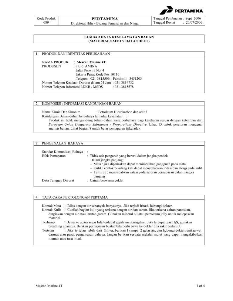 LDKB Mesran Marine 4T: Lembar Data Keselamatan