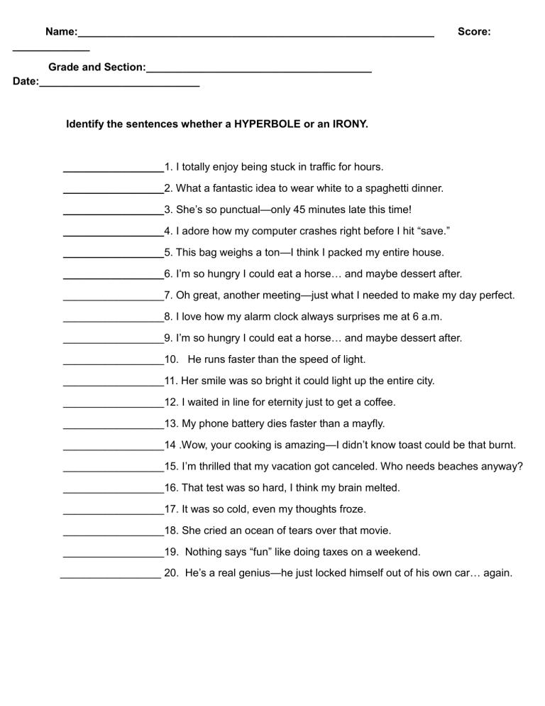 Hyperbole vs. Irony Worksheet: Literary Devices Practice
