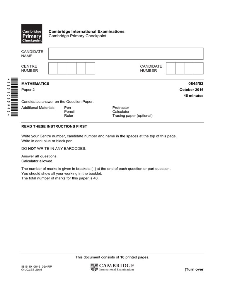 Cambridge Primary Checkpoint Math Exam 2016