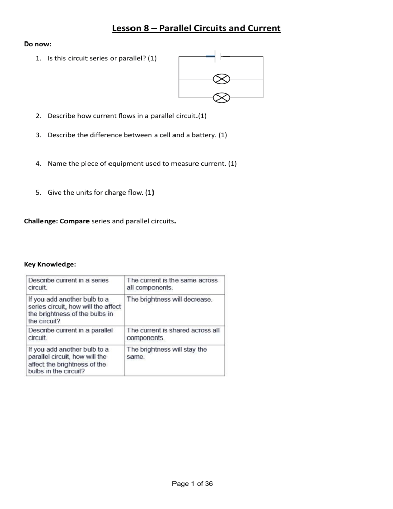 Parallel Circuits & Current: Lesson Plan