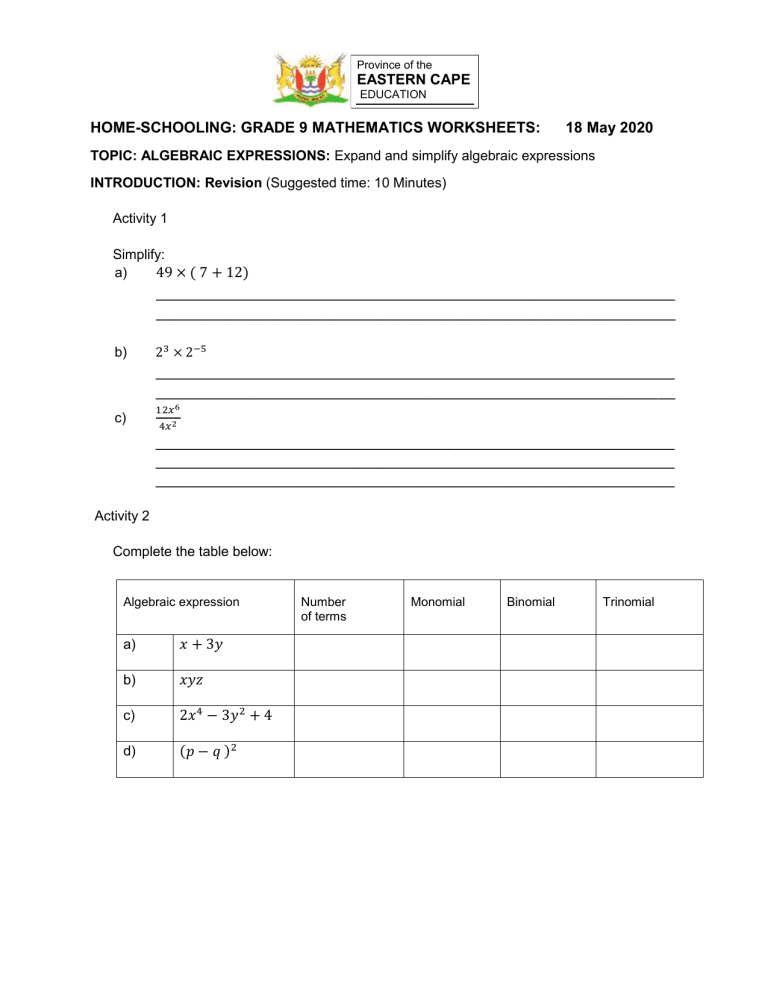 Grade 9 Math: Algebraic Expressions Worksheet