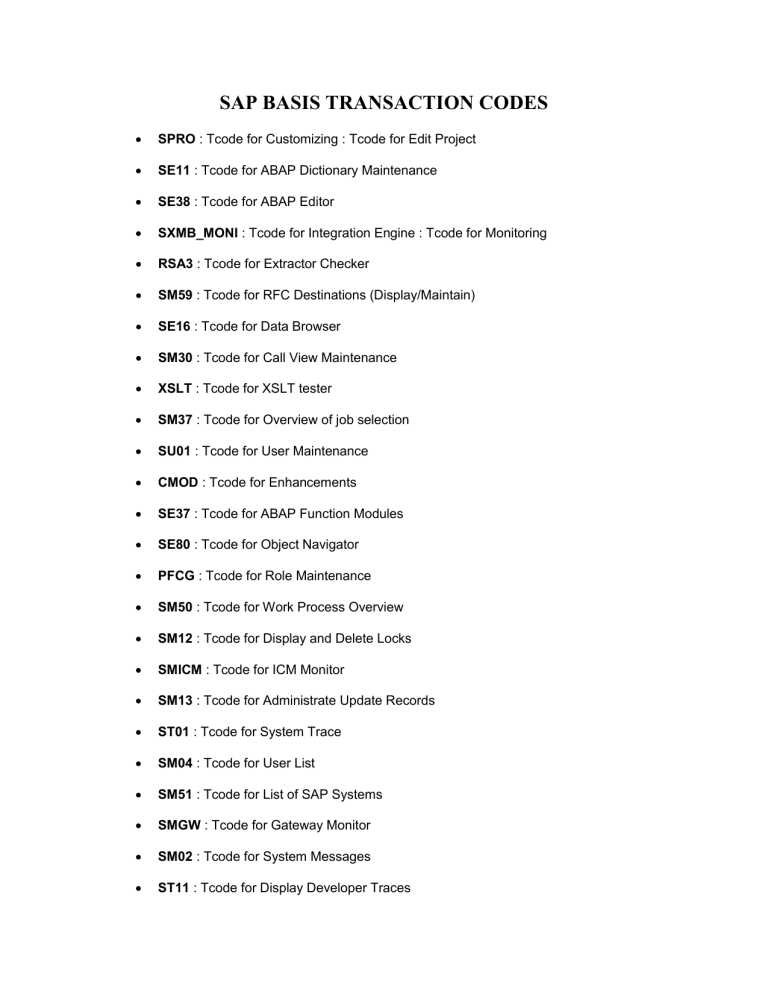 Sap Basis Transaction Codes Reference List