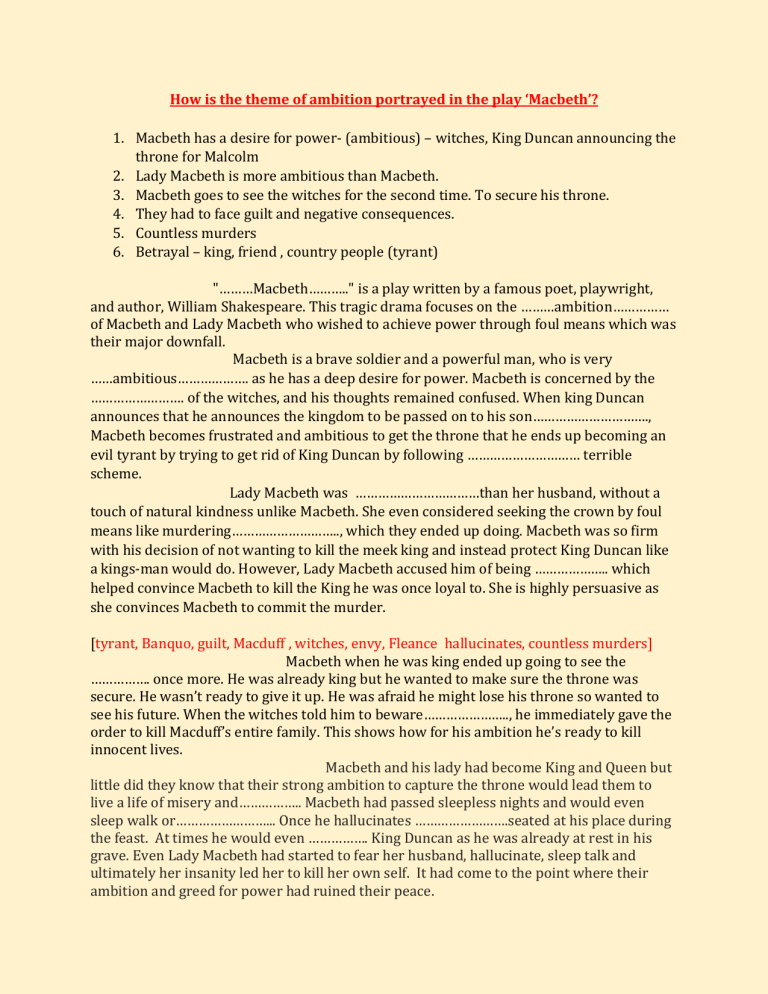 Macbeth: Ambition Theme Worksheet