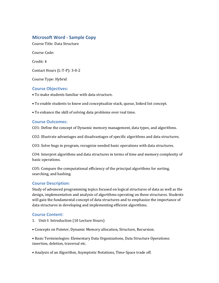 Data Structures Course Syllabus