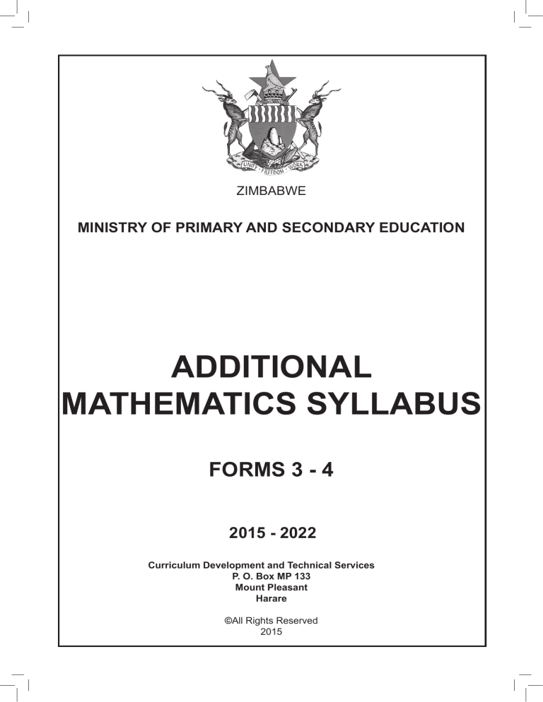 Additional Mathematics Syllabus Forms 3-4 Zimbabwe