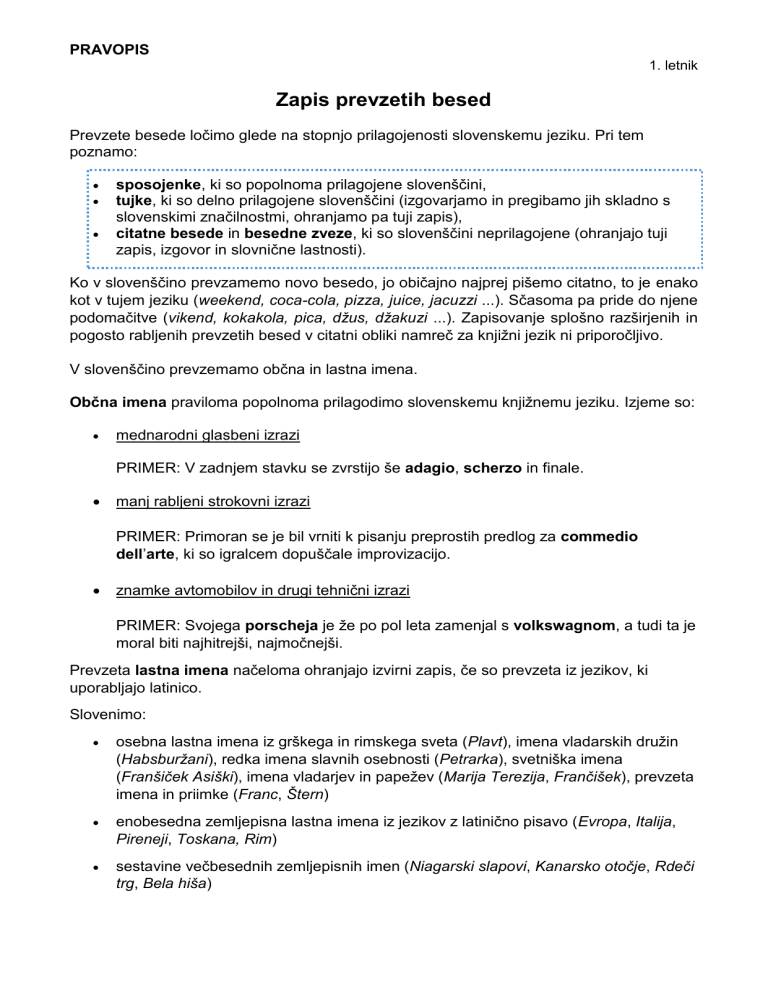 Slovenske prevzete besede: Delovni list za 1. letnik