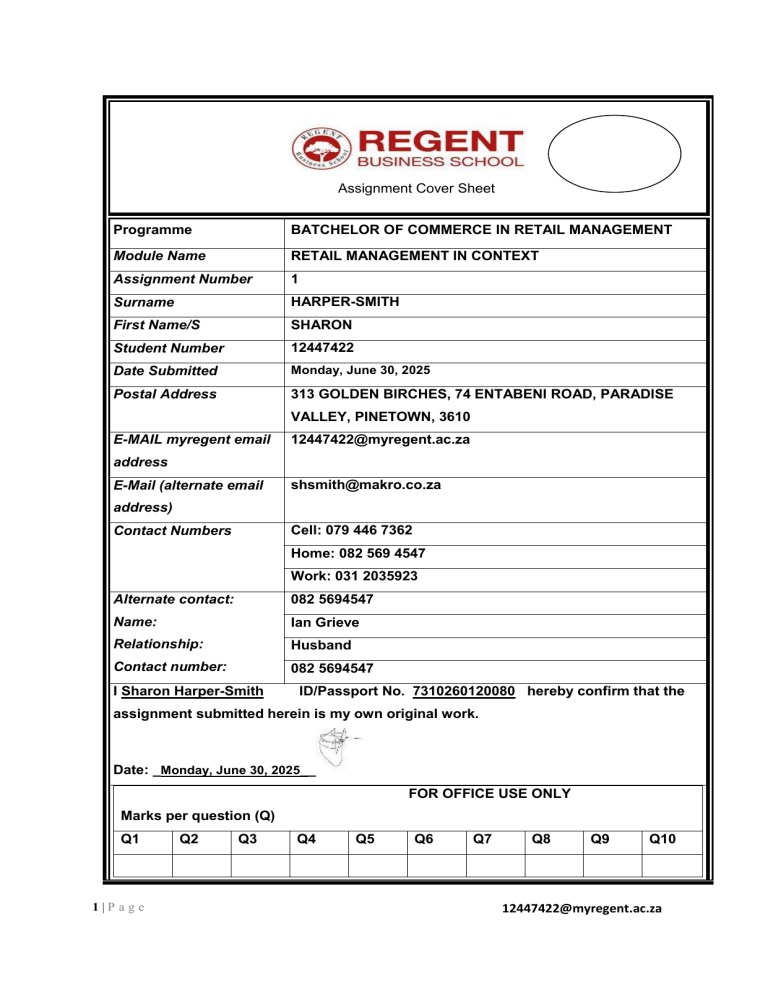 B COM RM - RETAIL MANAGEMENT - ASSIGNMENT