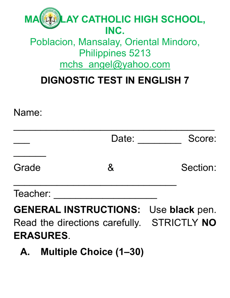 English 7 Diagnostic Test: Poetry & Literary Terms