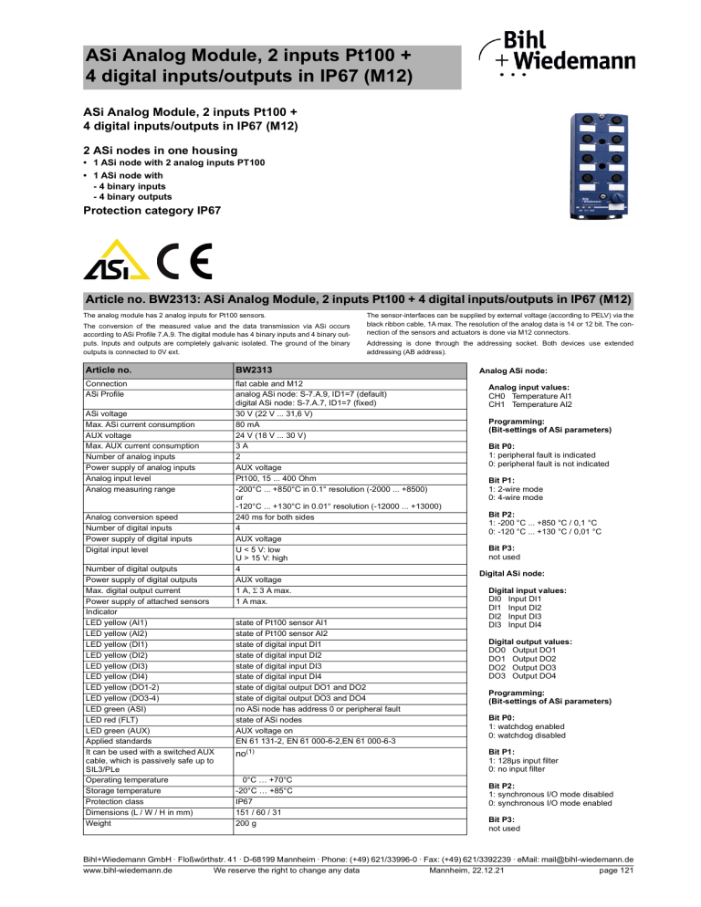ASi Analog Module: Pt100 Inputs & Digital I/O in IP67 (BW2313)