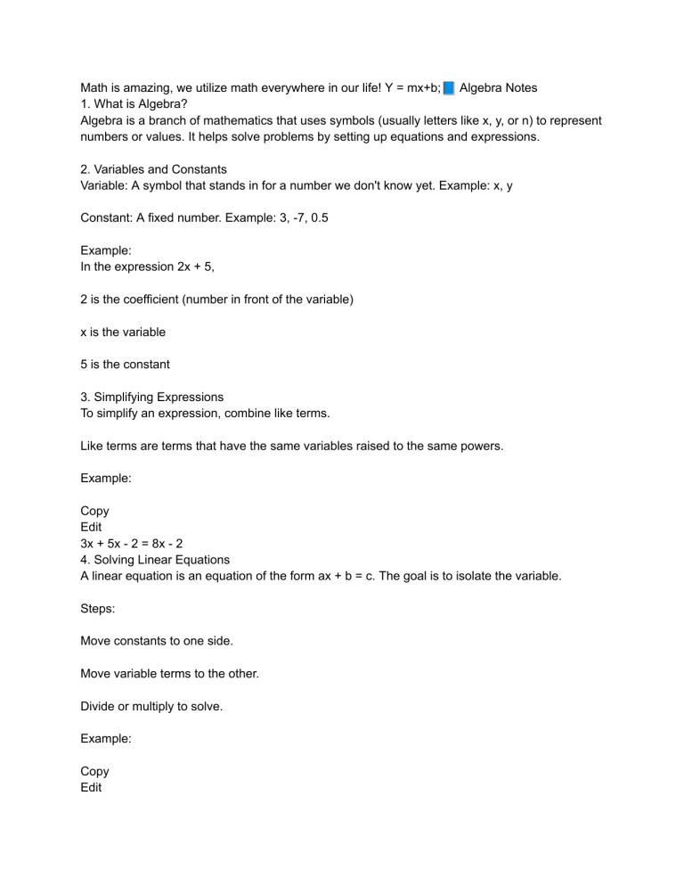 Algebra Notes: Basic Concepts, Equations, and Expressions