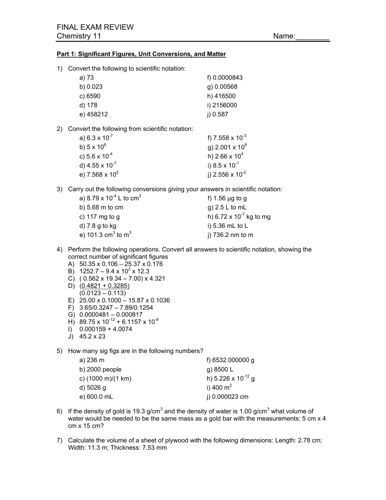 Chemistry 11 Final Exam Review: Significant Figures, Moles, Reactions