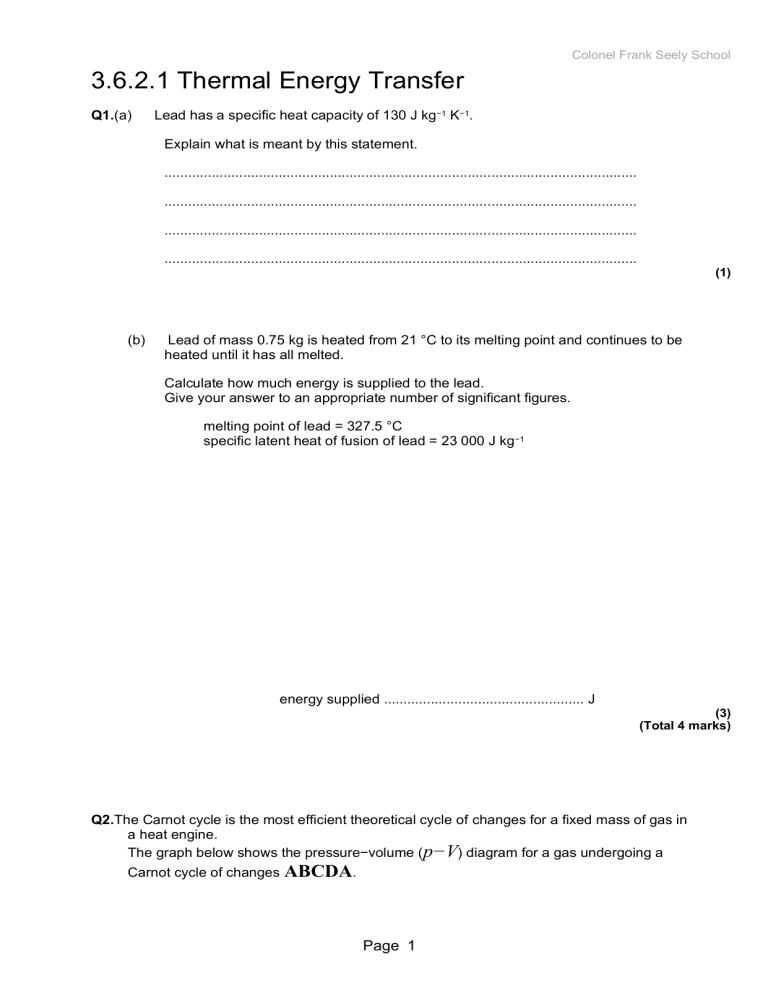 Thermal Energy Transfer Exam: Specific Heat & Carnot Cycle