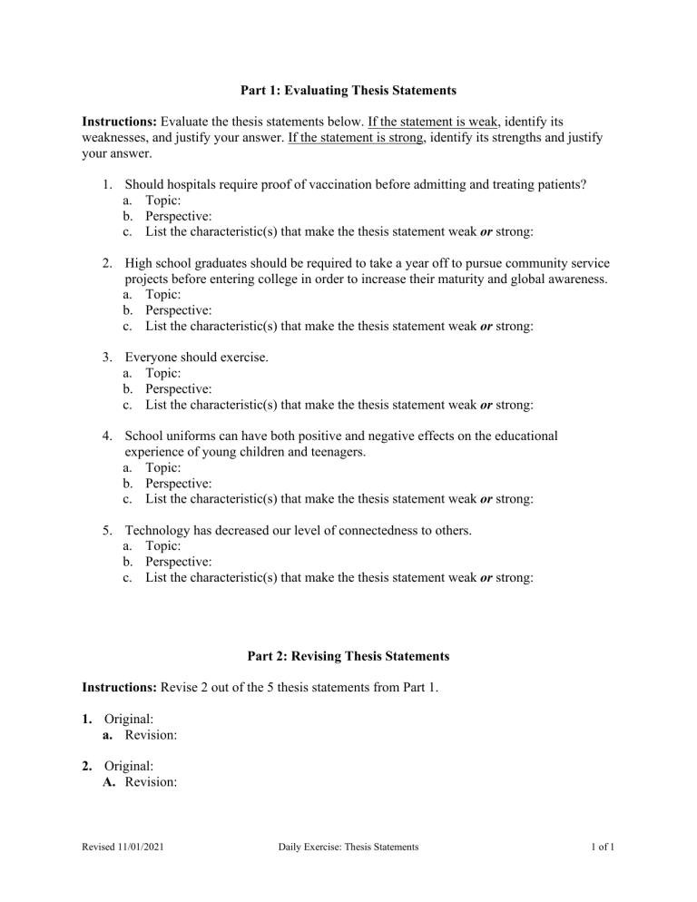 Thesis Statement Evaluation & Revision Worksheet