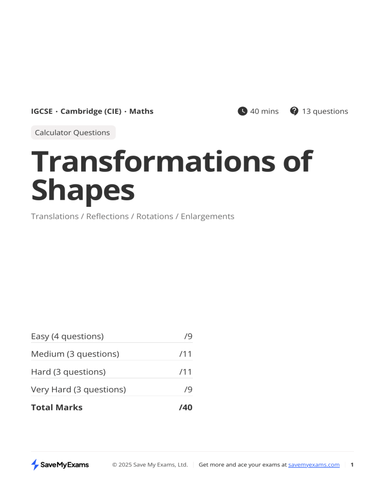 Igcse Maths Transformations Of Shapes Worksheet