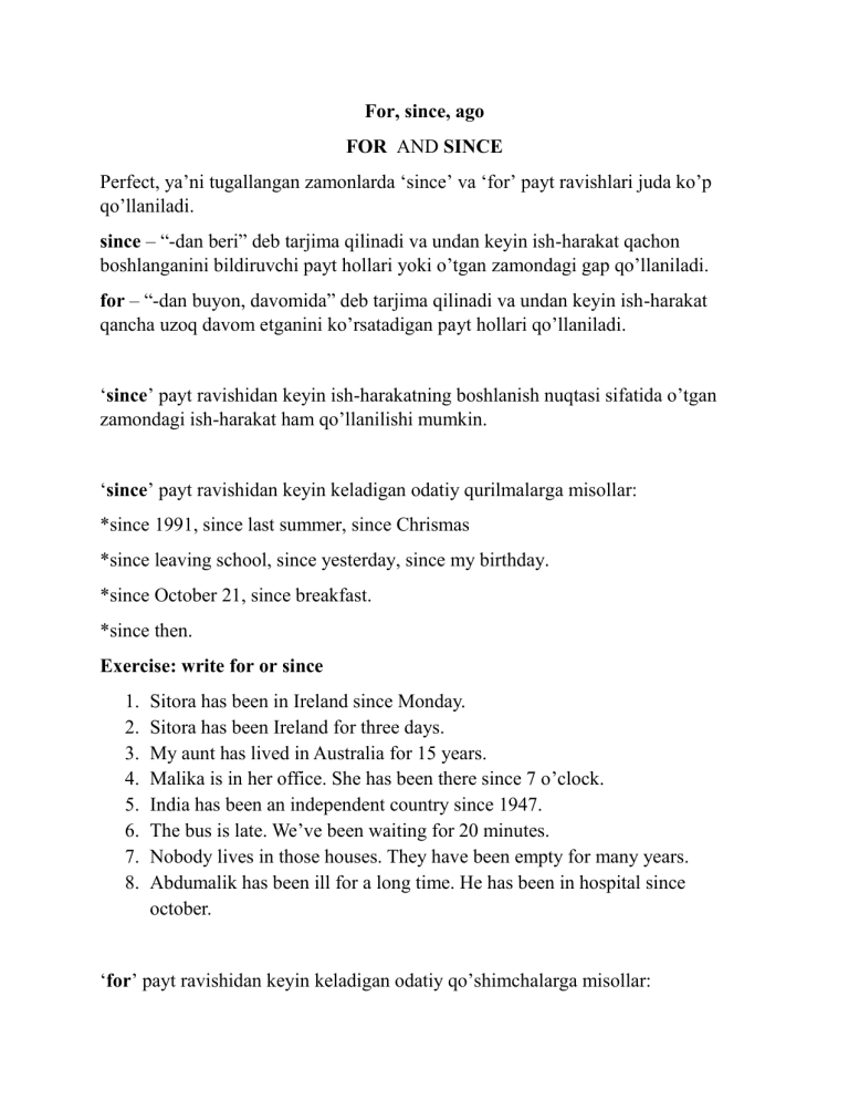 For, Since, Ago: Vežba iz engleske gramatike