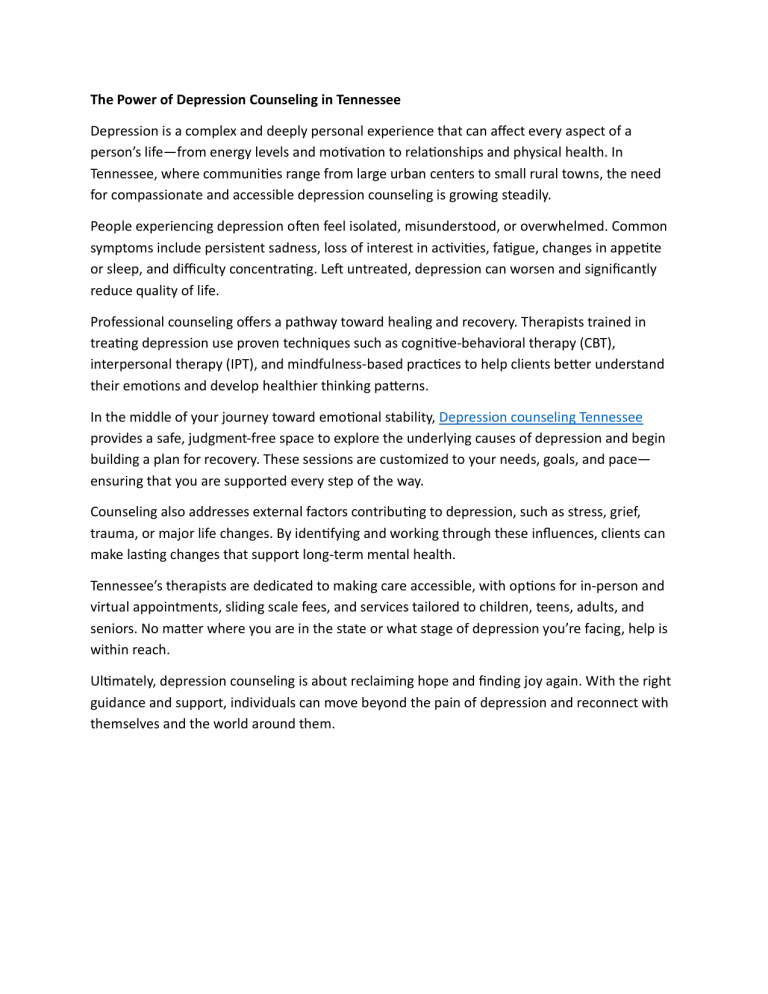 Depression Counseling in Tennessee: Finding Hope & Healing