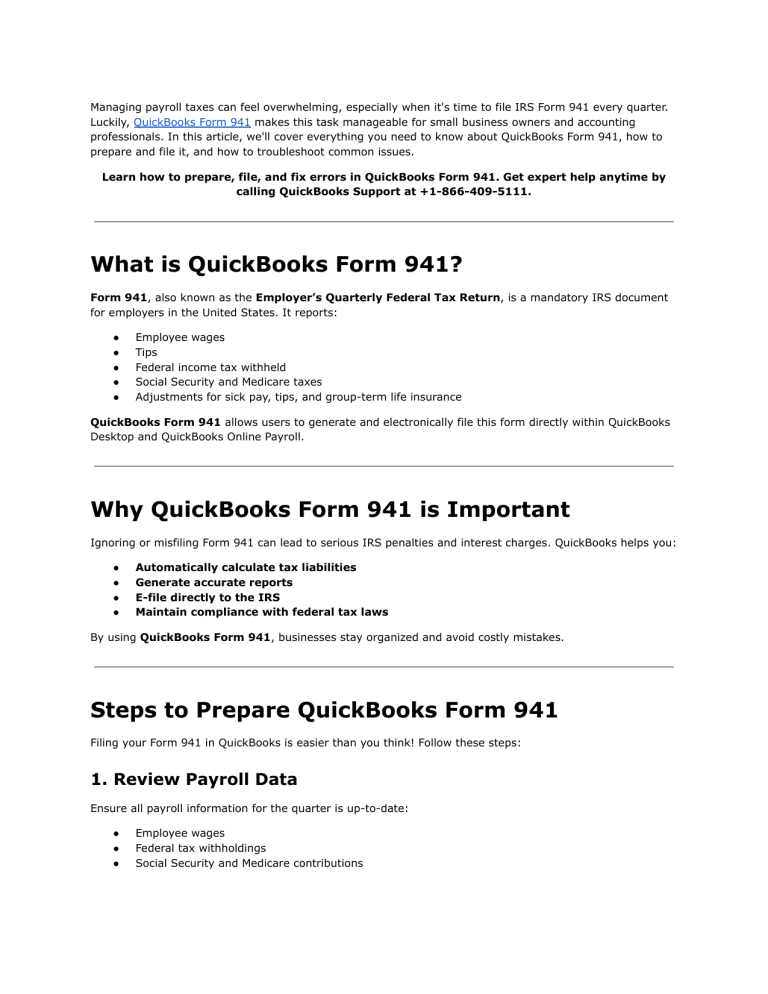 QuickBooks Form 941: Filing Guide & Error Fixes