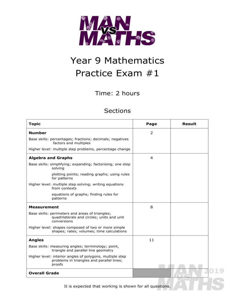Year 9 Maths Practice Exam: Number, Algebra, Measurement, Angles