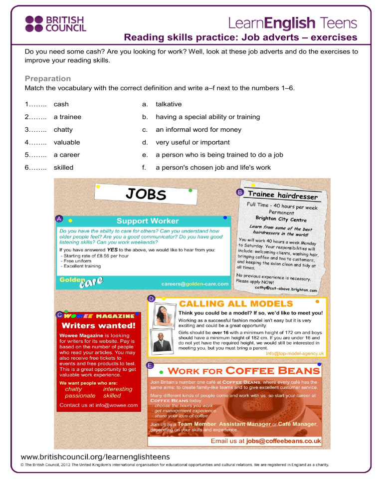 Job Adverts Reading Practice: Exercises for Teens