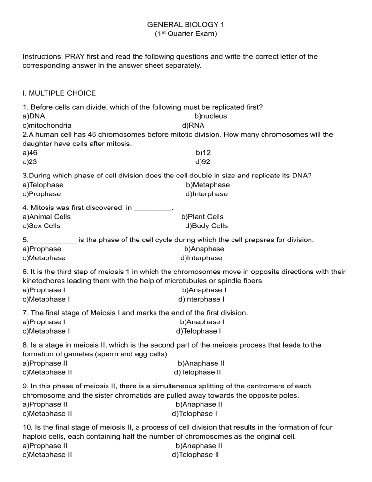 General Biology 1 Exam: Cell Division & Meiosis
